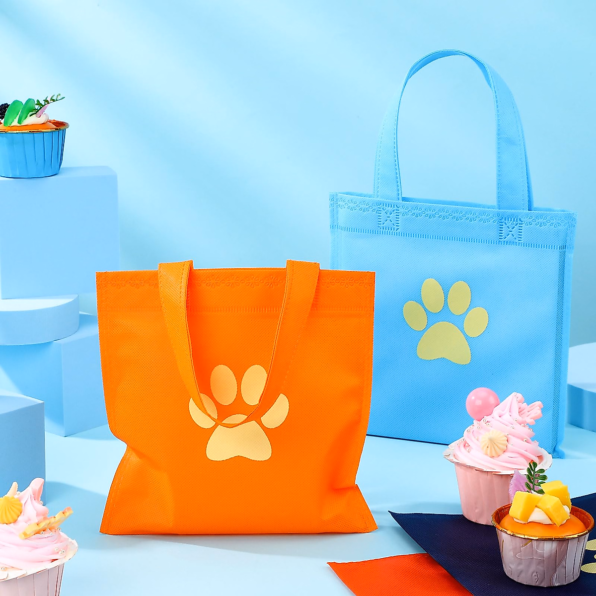 Aliceset 24 Pcs Dog Gift Bags with Handles 7.8 x 7.8 Inch Paw Print Bags Non Woven Cartoon Dog Party Favor Bags Paw Goodie Bags Reusable Paw Print Treat Bags for Dog Puppy Birthday Party Supplies