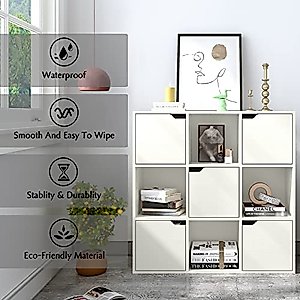 OSCHF 9-Cube Storage Shelf Bookcase - Wooden 3-Tier Floor Standing Open Bookshelf with Doors for Home and Office, Display Cabinet, Warm White