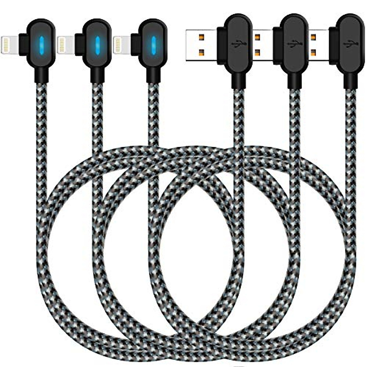 Exeric iPhone Charger Cable, 3Pack LED Right Angle Lightning Cable 90 Degree Nylon Braided Charging Cord Gaming USB Charging/Sync Compatible with iPhone13/12/11/XR/X/8 8Plus/7/7 Plus/6(10FT)