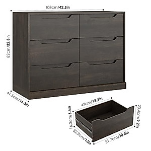 HOSTACK Modern 6 Drawer Dresser for Bedroom, Double Chest of Drawers with Storage, Large Wooden Storage Dresser Organizer with Cut-Out Handle, Accent Storage Cabinet for Living Room, Dark Brown
