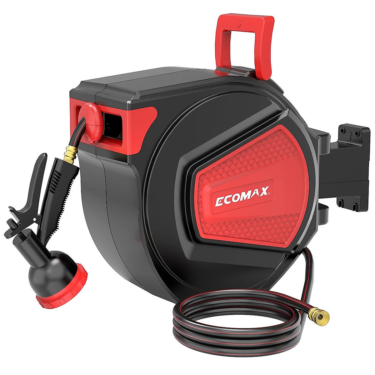 ECOMAX ELG09 1/2in. x 100ft Retractable Garden Hose Reel, Heavy Duty Water Hose Reels, Any Length Lock, Slow Return System, 8 Pattern Hose Nozzle, Wall-mounted & 180° Swivel Bracket, Black & Red