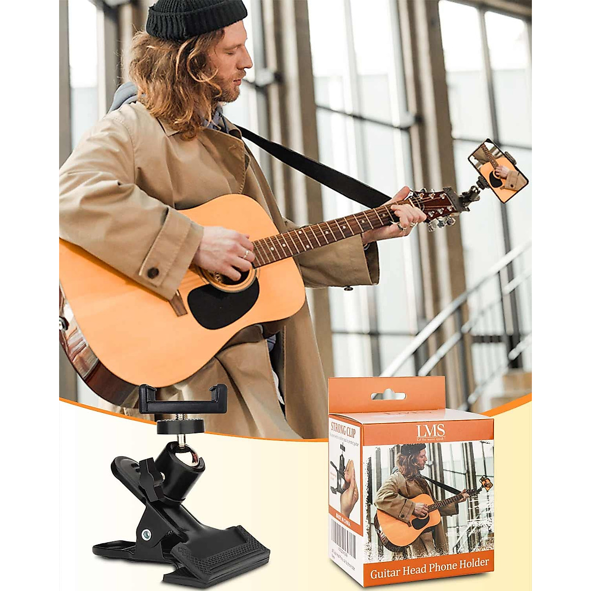 LMS Guitar Head Phone Holder Cell Phone Stand Clamp Phone Mount with 1/4 Ball Head Adapter Universal Guitar Head Clip for Bass Ukulele Multifunctional clip phone holder