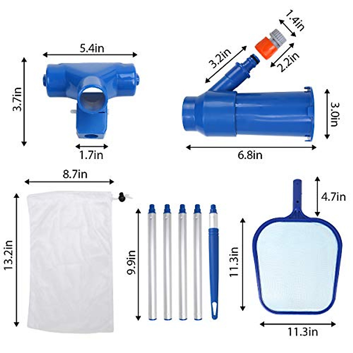 SubClap Portable Pool Vacuum - Spa Jet Vacuum Cleaner with Pole & Skimmer Net for Above Ground & Inground, Telescopic Pole Rake Leaf Skimmer Clean Swimming Pool Hot Tub with Net Bag (No Garden Hose)