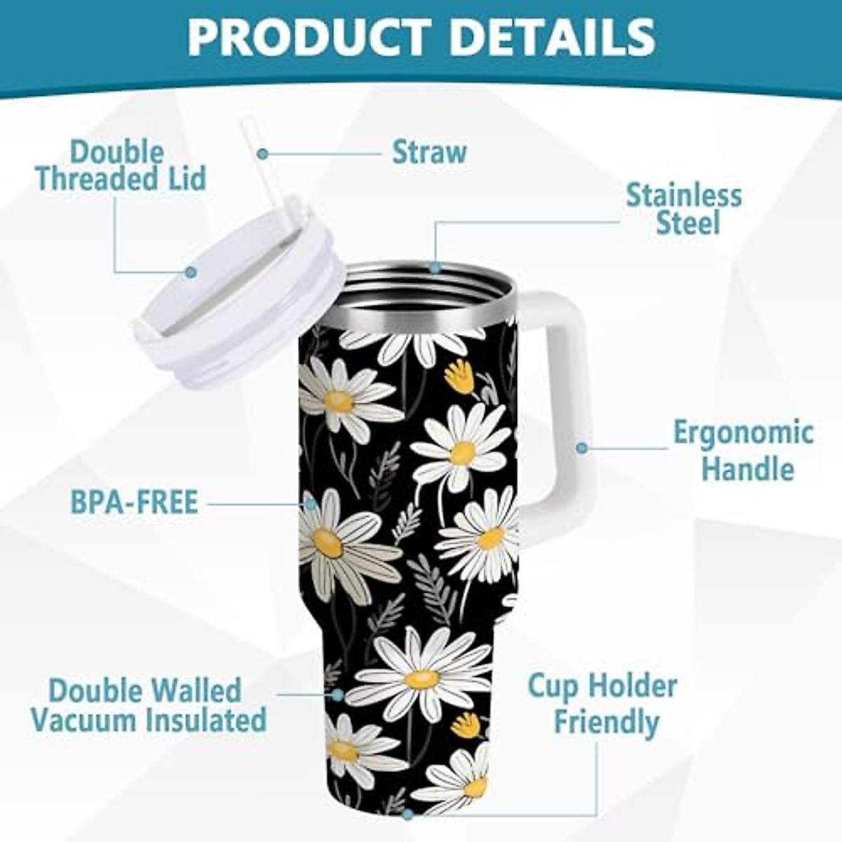 Jihqo Black Daisy 40 oz Stainless Steel Vacuum Insulated Tumbler with Handle and Straw Lid, Leakproof Water Bottle Double Wall Travel Mug Coffee Cup, Cupholder Friendly