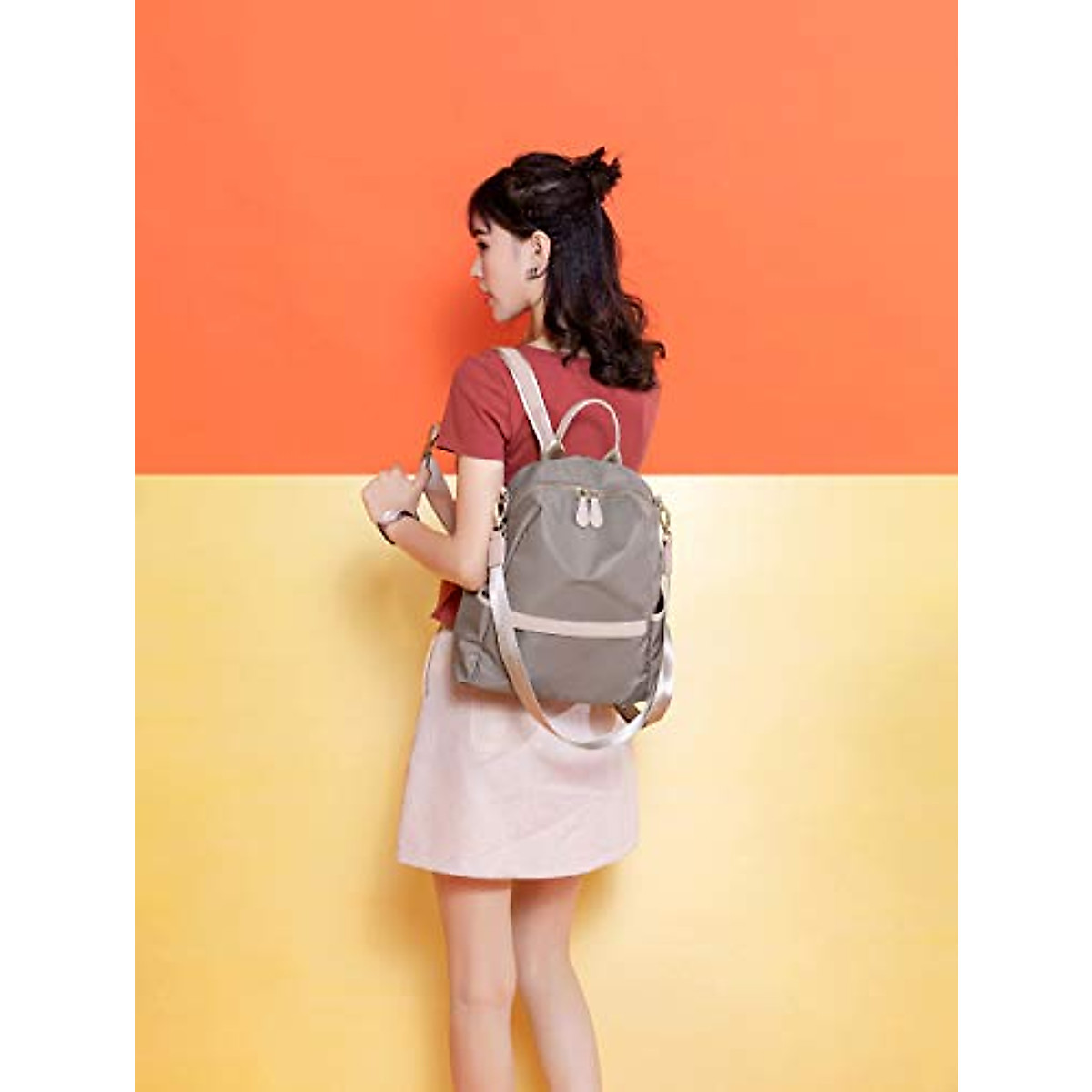 Mn&Sue Waterproof Nylon Casual Backpack Purse for Women School Shoulder Bag Rucksack Ladies Travel bags (Style B Beige)