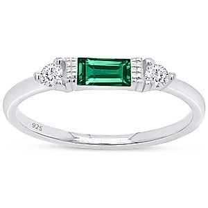 AFFY Baguette Cut Simulated Emerald And White Cubic Zirconia In 14K White Gold Plated 925 Sterling Silver Three Stone Design Bridal Engagement Wedding Ring Jewelry For Women Size -7