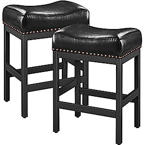 Yaheetech 26" Bar Stools Set of 2 Counter Height Bar Stools Leather Saddle Stool Kitchen Stools for Island Modern Backless Faux Leather Counter Stool, Black
