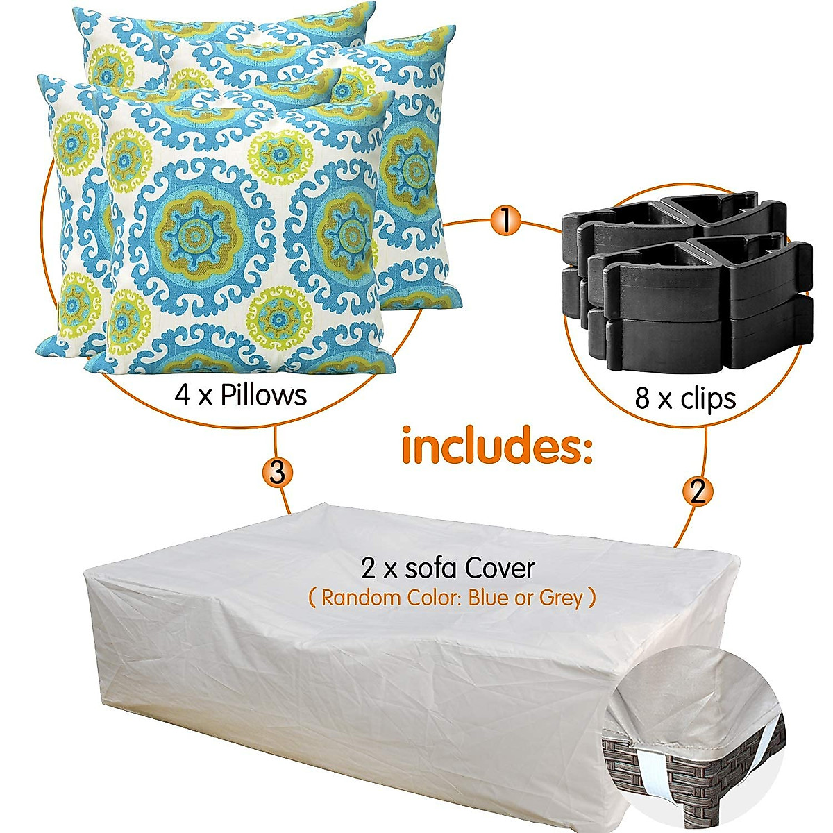 ovios Patio Furniture Set, 12 PCS Big Size Outdoor Furniture Set All Weather Rattan Wicker Sofa Sectional Set with Glass Table, Garden, Backyard, No Assembly Required (Grey-Denim Blue)