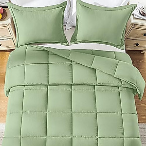 Wellsin Sage Green Comforter Set - Twin/Twin XL (66"x92") - 2 PCS All Season Soft Down Alternative Comforter & Pillow Sham for Girls/Boys/Adults