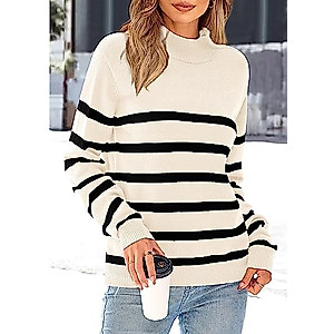 KIRUNDO Women's 2023 Fall Winter Long Sleeve Knit Sweater Turtleneck Striped Loose Pullover Tops Deco with Metal Buttons(White, Small)