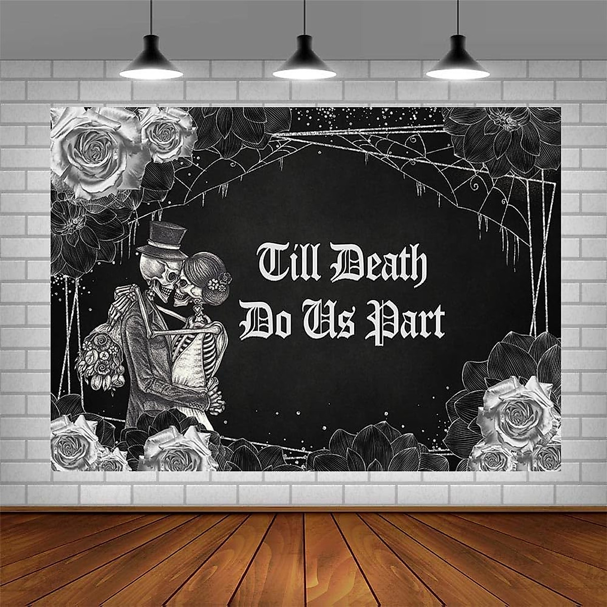 AIBIIN 7x5ft Halloween Till Death Do Us Part Backdrop Spooky Skull Gothic Wedding Party Decorations Supplies Bridal Shower Bride and Groom Mr and Mrs Anniversary Party Banner Photo Shoot Props