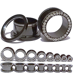 NewZenro Black Plated Crystal Rhinestones Ear Tunnels Plugs Expander Gauges Stretcher CZ Earrings Screw Stainless Steel Piercing Body Jewelry (3/4"(20mm))