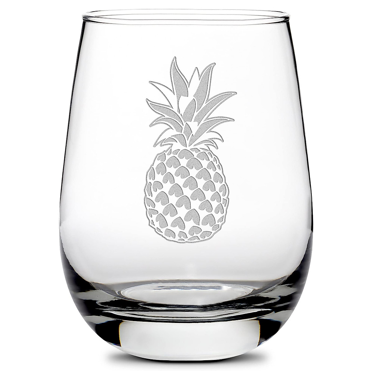 Integrity Bottles Tropical Pineapple Design Stemless Wine Glass, Handmade, Handblown, Hand Etched Gifts, Sand Carved, 16oz