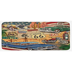 Lunarable Route 66 Kitchen Mat, Old Fashioned Cars Motorcycle on a Map Road Trip Journey American USA Concept, Plush Decorative Kitchen Mat with Non Slip Backing, 47" X 19", Beige Red