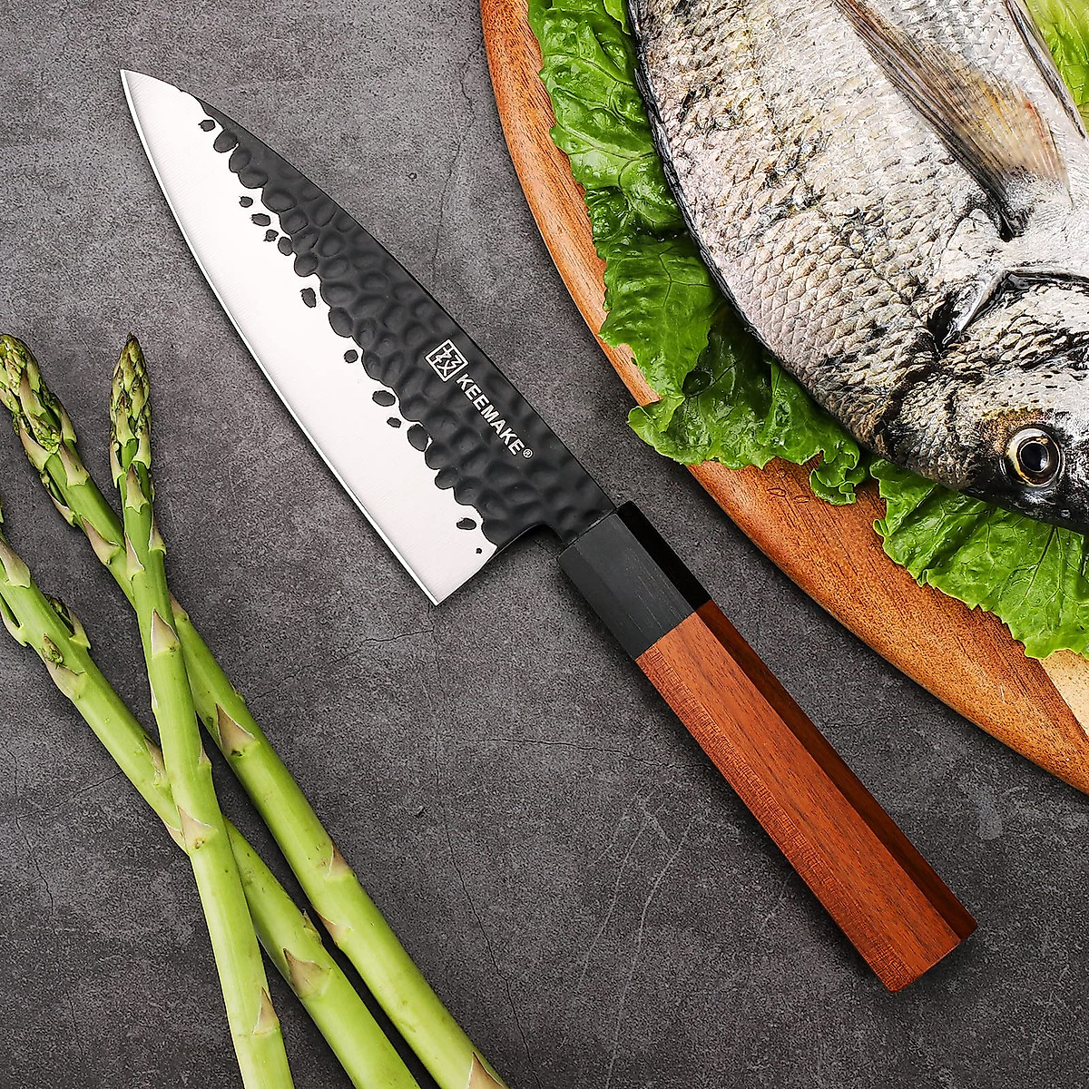 KEEMAKE Deba Knife 6 inch, Double Bevel Japanese 440C Stainless Steel Fish/Fillet Knife with G10 Bolster Octagonal Wood Handle