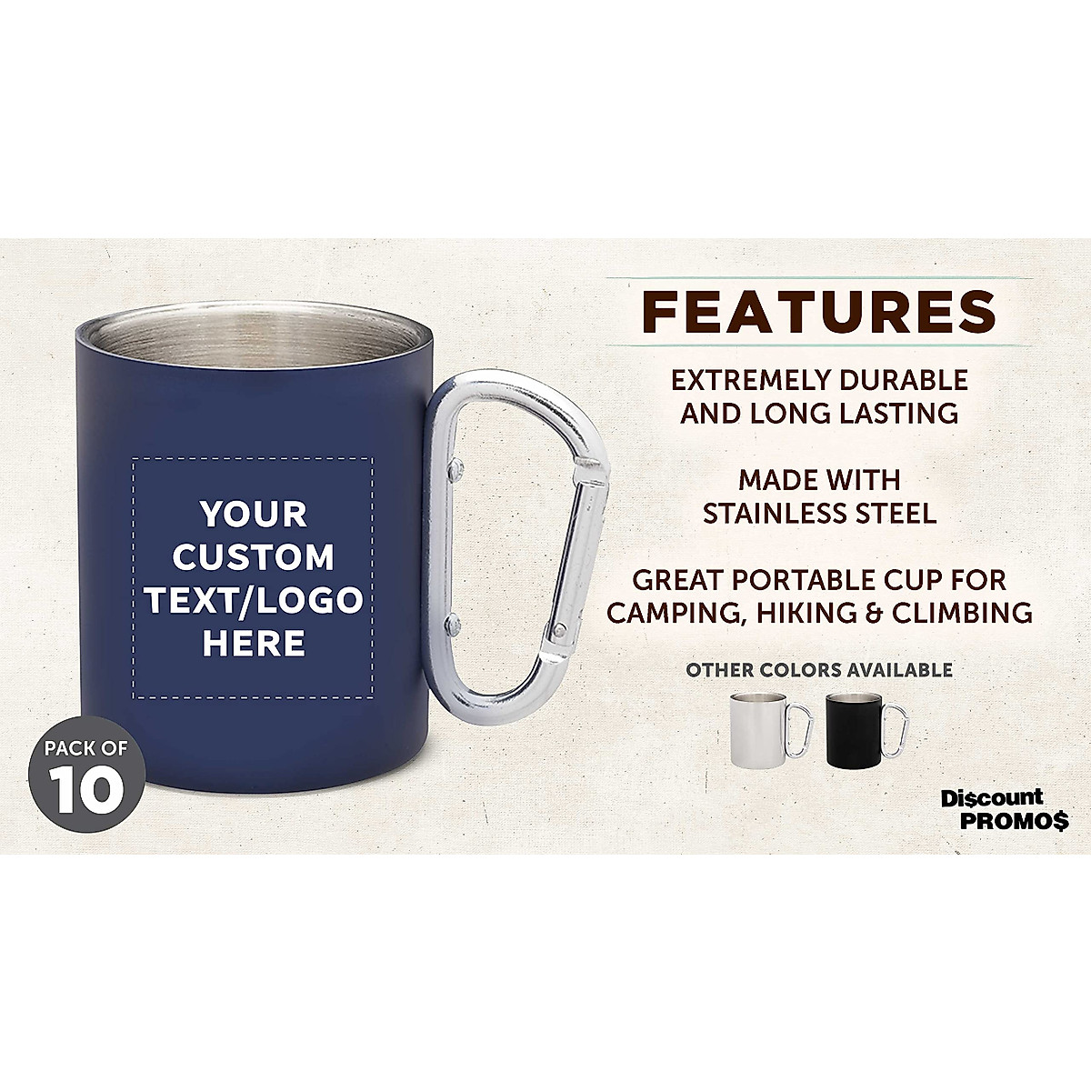 Custom Stainless Steel Mugs with Carabiner Handle 10 oz. Set of 10, Personalized Bulk Pack - Perfect for Coffee, Soda, Other Hot & Cold Beverages - Navy Blue
