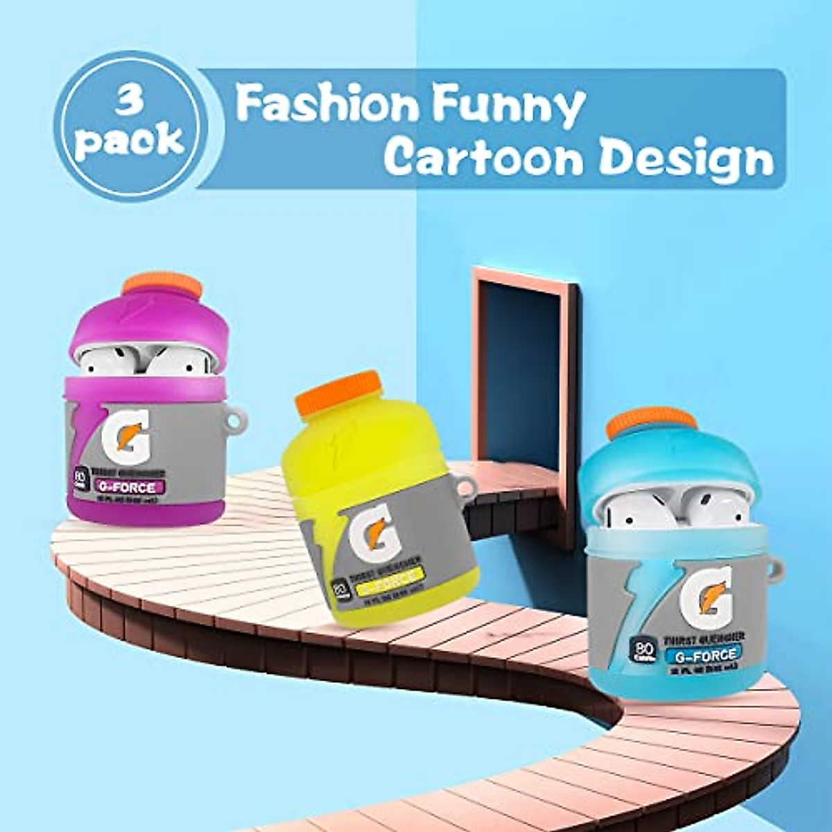 3 Pack Drink Cases for AirPods Case 2nd Generation, Funny Soft Silicone Fashion Cartoon Food Skin Protective Cover, Sport Drinks Water Cute Fun for Apple AirPod 2/1 Women Girls Boys with Keychain