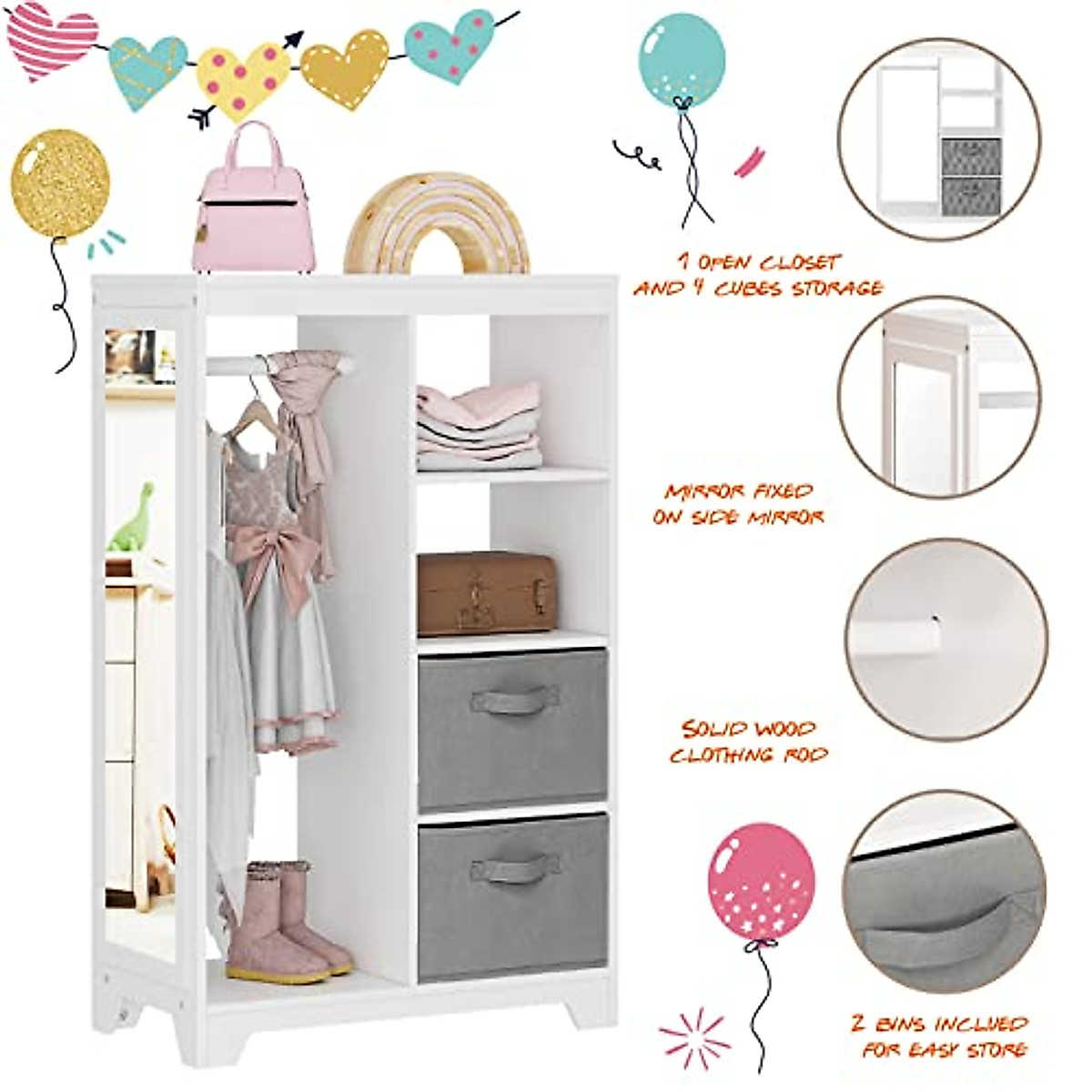 UTEX Kids Dress Up Storage with Mirror, Kids Armoire Dresser with 2 Storage Bins and Open Hanging, Costume Closet Wardrobe for Kids, Pretend Storage Closet Armoire Dresser for Bedroom, Kids Room
