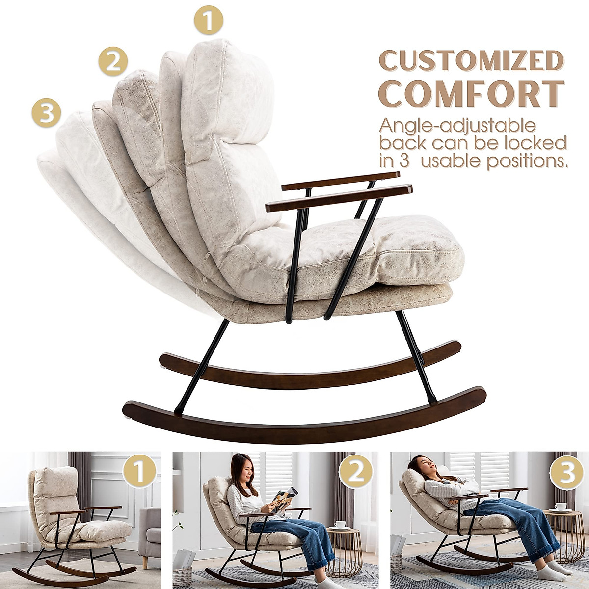 HNY Modern Rocking Chair Nursery with Wood Arms, PU Leather Overstuffed Upholstered Glider Rocker Chair with Adjustable Backrest, 22" Wide Armchair for Living Room/Bedroom/Small Space, Cream