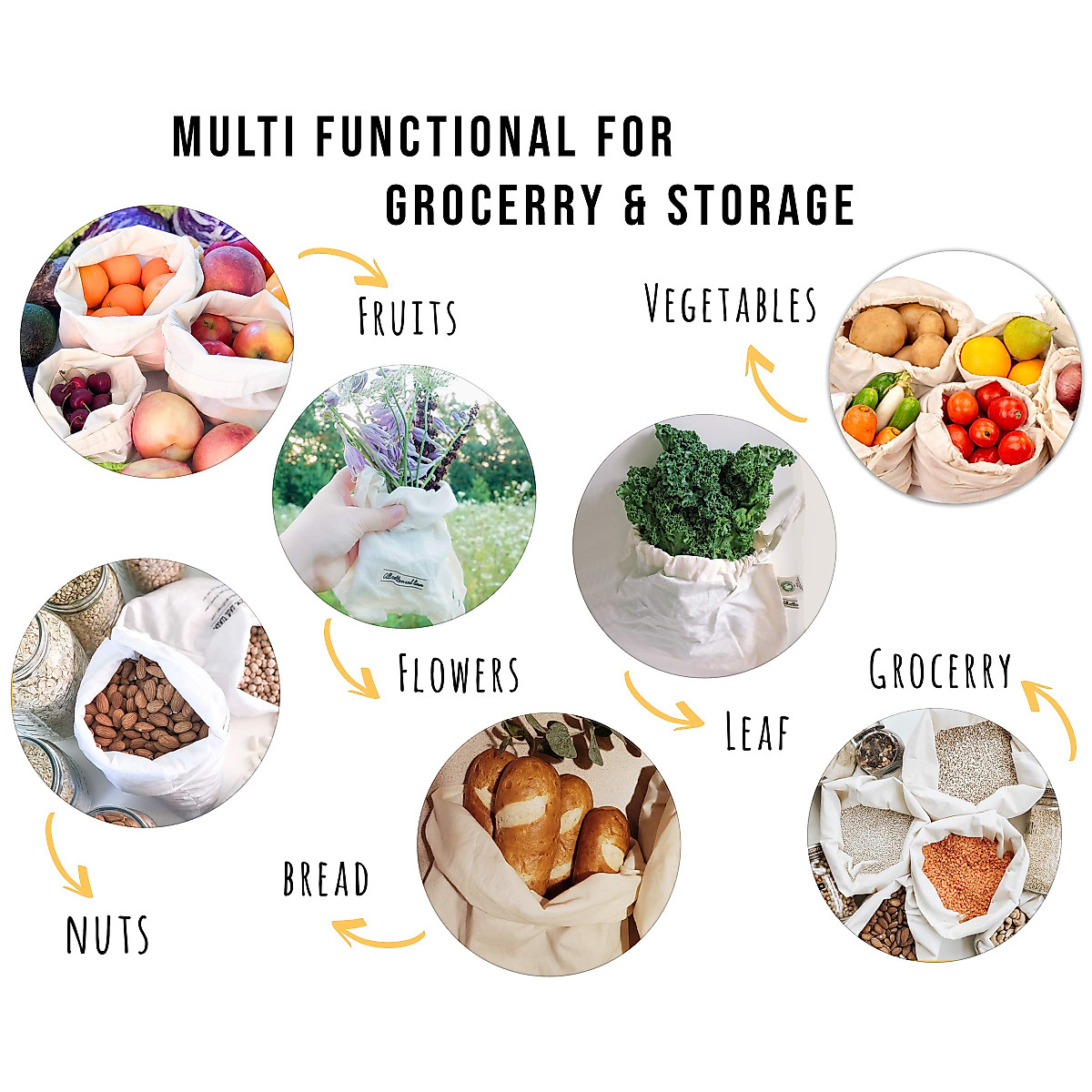 Muslin Produce Bags - Organic Cotton Produce Bags - Cloth Grain Bags - Cloth Vegetable Bags - Cloth Bread Bags - Vegetable Bag Cloth - Produce Bag, Cotton Vegetable Bag Set of 7 (XXL, XL, L, M, S, XS)