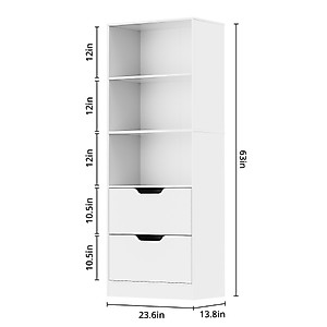 Housoul Bookcase with 2 Drawers, 63" 3-Tier Bookshelf with Storage, 3 Shelf Bookcase with Adjustable Shelf, Modern Bookshelf, Open Shelves Bookcase for Study, Bedroom & Home Office, White