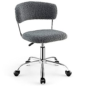 Giantex Home Office Chair, Faux Fur Low Back Swivel Leisure Chair w/Height Adjustable Padded Seat, Rolling Armless Vanity Chair w/Galvanized Steel Frame for Bedroom Study Guest Room, Gray