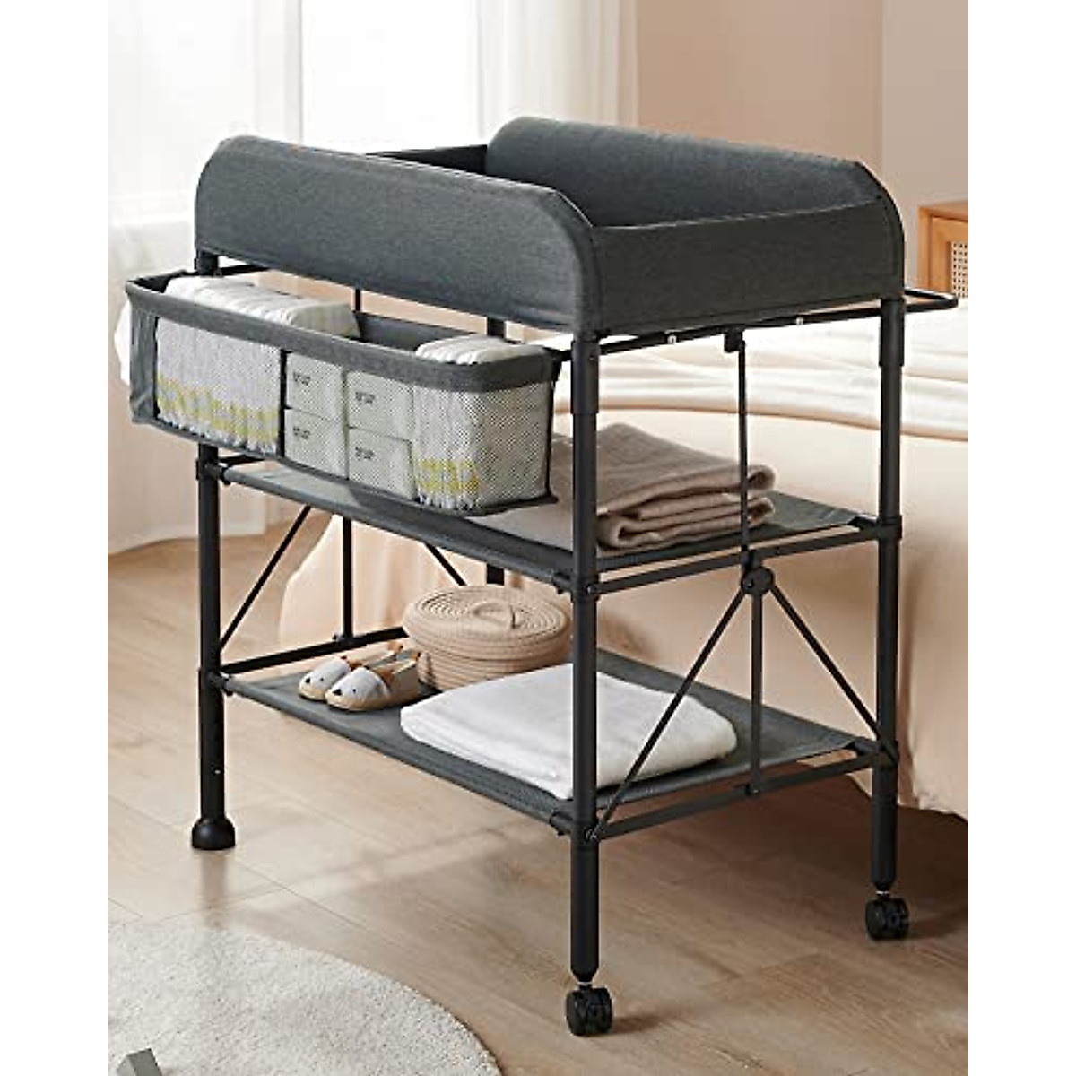 BEKA Portable Changing Table, Foldable Baby Changing Table, Changing Station for Infant w/Waterproof Diaper Changing Table Pad, Adjustable Height Diaper Station, Mobile Nursery Organizer for Newborn