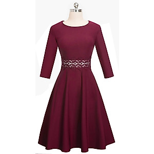 HOMEYEE Women's 3/4 Sleeves Cocktail A-Line Embroidery Party Autumn Winter Wedding Guest Dress A079(6,Burgundy-3/4 Sleeve)