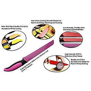 Kitchenson 3CR14 Stainless Steel Nonstick Multi-Color Professional Cutlery Set with 5 knives and 1 Clear Acrylic Stand 8.25” x 8.5”, Red, Pink, Orange and Yellow, 6 Piece Total