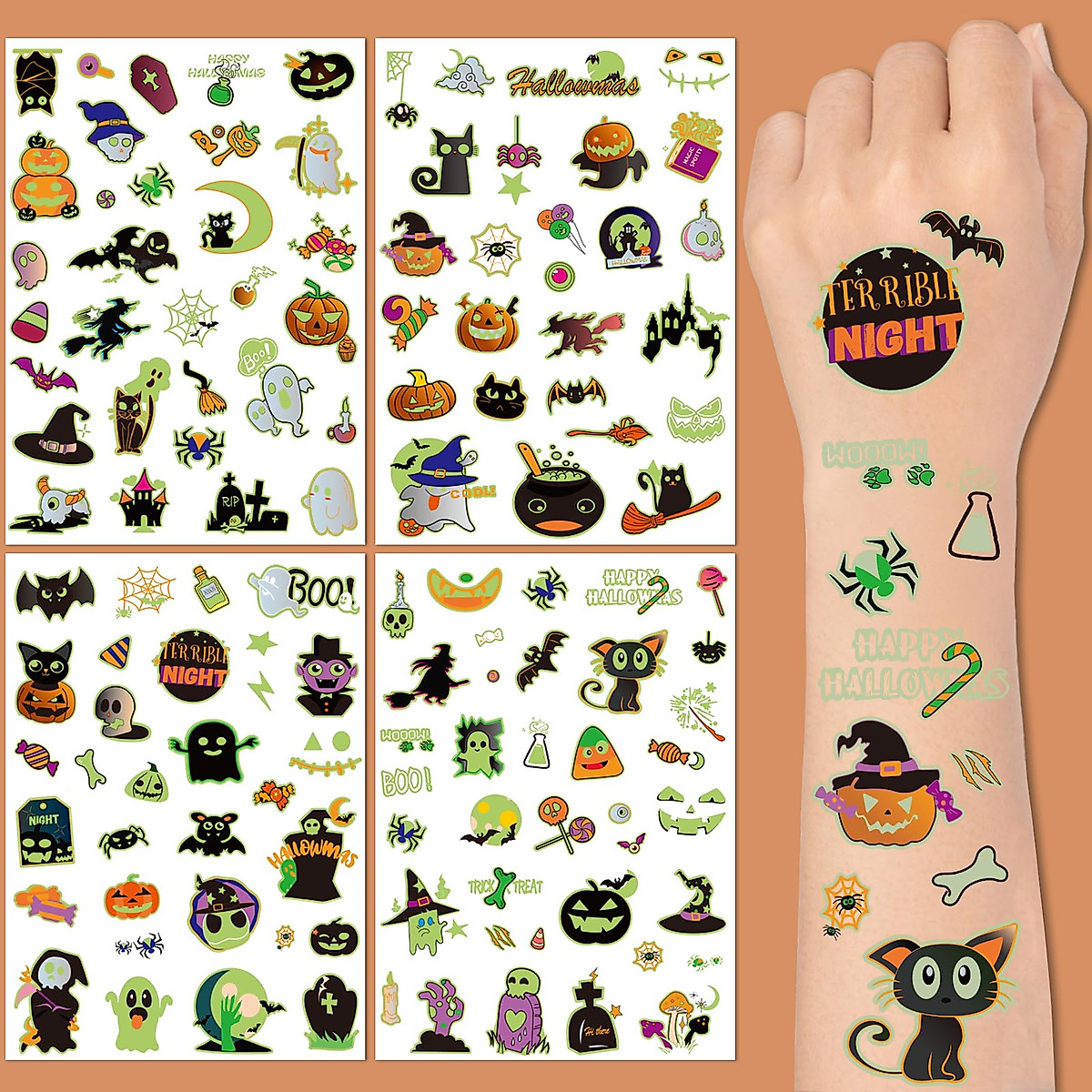 124 Pcs Halloween Temporary Tattoos Glow In Dark For Kids, Waterproof Glowing Luminous Fake Tattoo Stickers for Halloween Party, Jack-O-Lantern, Witch, Ghost Realistic Tattoo Sticker For Boy And Girls