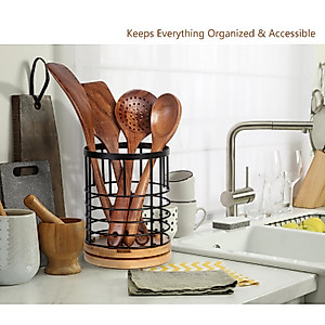 JSVER Utensil Holder Kitchen Utensil Holder, Round Utensil Holder for Kitchen Counter, Cooking Utensil Holder With Wooden Base Matte Black, 360° Rotating Kitchen Utensils Holder