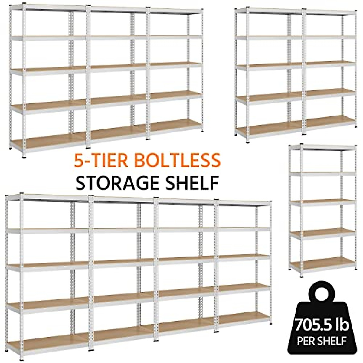 Topeakmart 4PCS 5-Tier Utility Shelves, Metal Storage Shelves Garage Shelving Unit Adjustable Garage Storage Shelves Storage Racks Heavy Duty Shed Shelving- Silver, 35.5 x 17.5 x 72 Inch