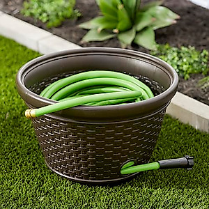 Suncast Heavy Duty Plastic Wicker Decorative Garden Water Hose Storage Holder Pot with Drain Holes for 100 Foot Hoses, Java, 2 Pack