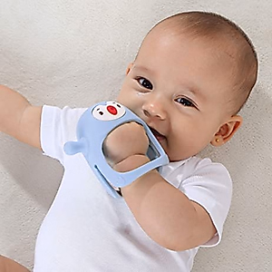 Wearable Soothing Teether, Penguin Buddy Never Drop Silicone Baby Teething Toy, Baby Chew Toys for Sucking Needs, Hand Pacifier for Breast Feeding Babies, Car Seat Toy for New Born (Baby Blue)