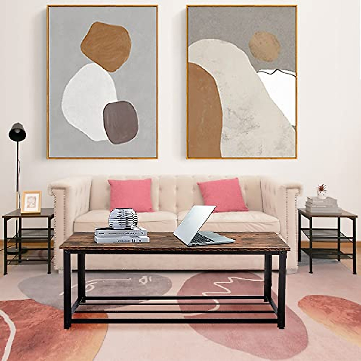 Coral Flower Set of 2 Side Tables, End Tables with Adjustable Mesh Shelves, for Living Room, Bedroom, Industrial, Stable Steel Frame, Easy Assembly, Rustic Brown