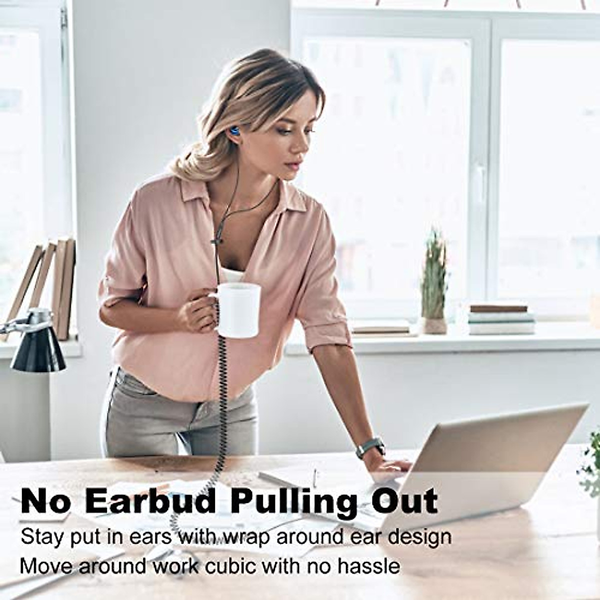 Joymiso 16Ft Extra Long Cord Earbuds Headphones for TV PC Laptop with Mic, Volume Control, Spring Coil Wire & Extension Cable, 3.5mm Wired Over Ear in-Ear Computer Earphones for Kids Women Small Ears