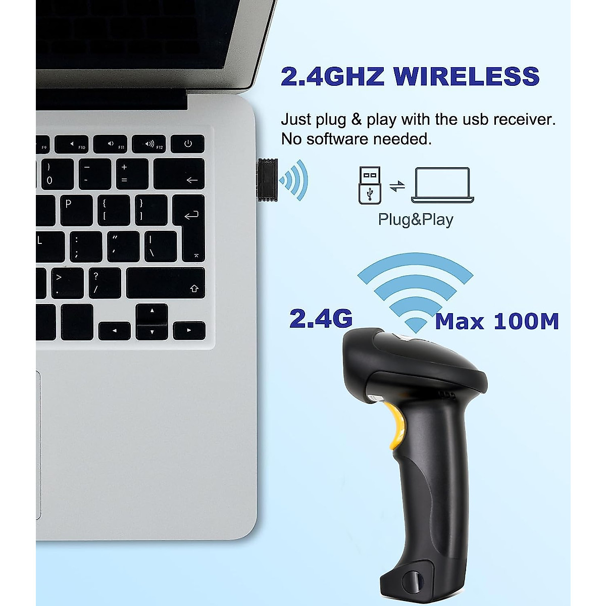 TEEMI Wireless Barcode Scanner Handheld Automatic 1D Laser Rechargeable Bar Code Reader USB Plug and Play with 2.4G Receiver for Windows PC Mac OS Linux (No stand)