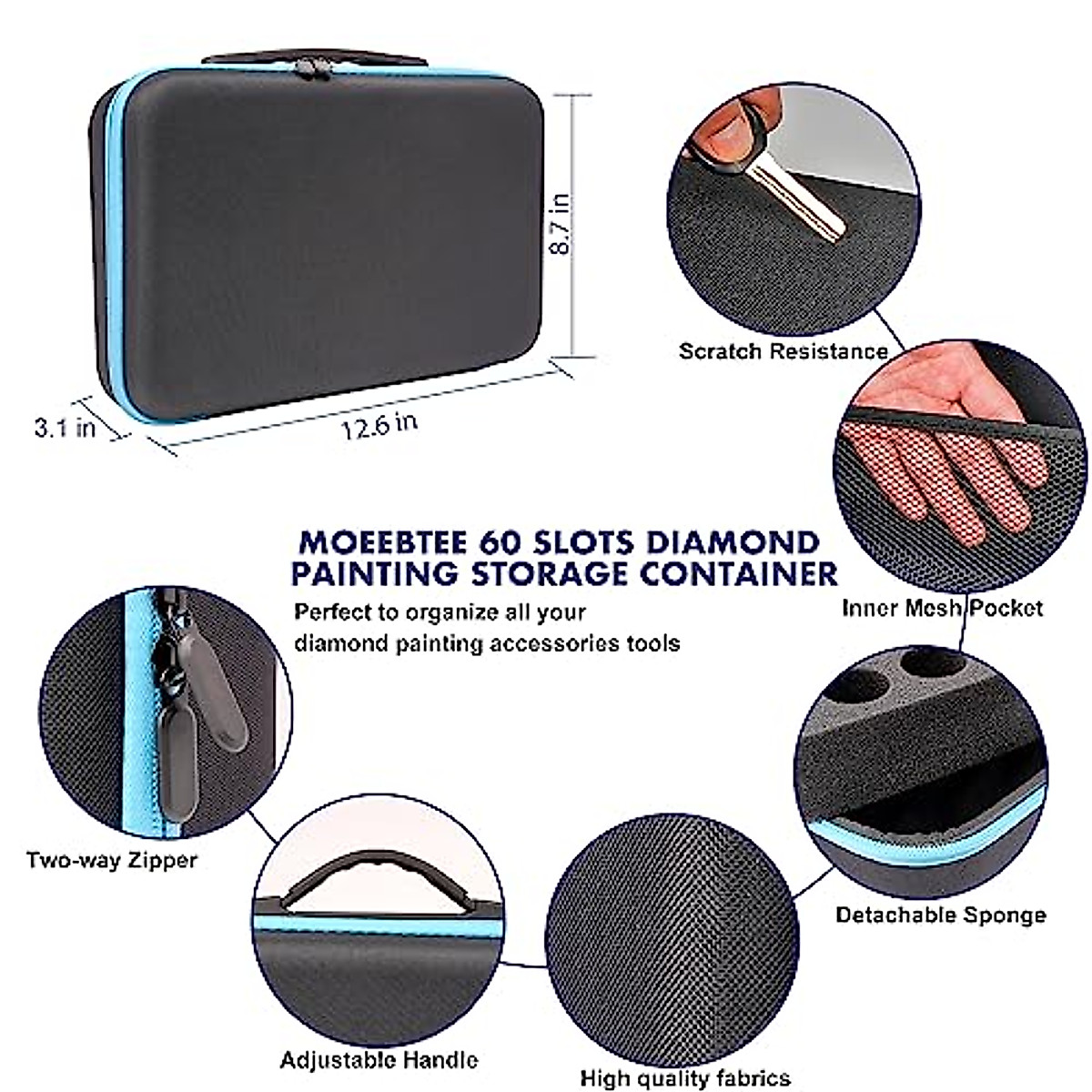 MoeeBtee Diamond Painting Storage Containers, 60 Slots Diamond Painting Accessories and Tools Portable Diamond Painting Organizer, Diamond Art Storage Case Jewelry Beads Storage Box - Blue