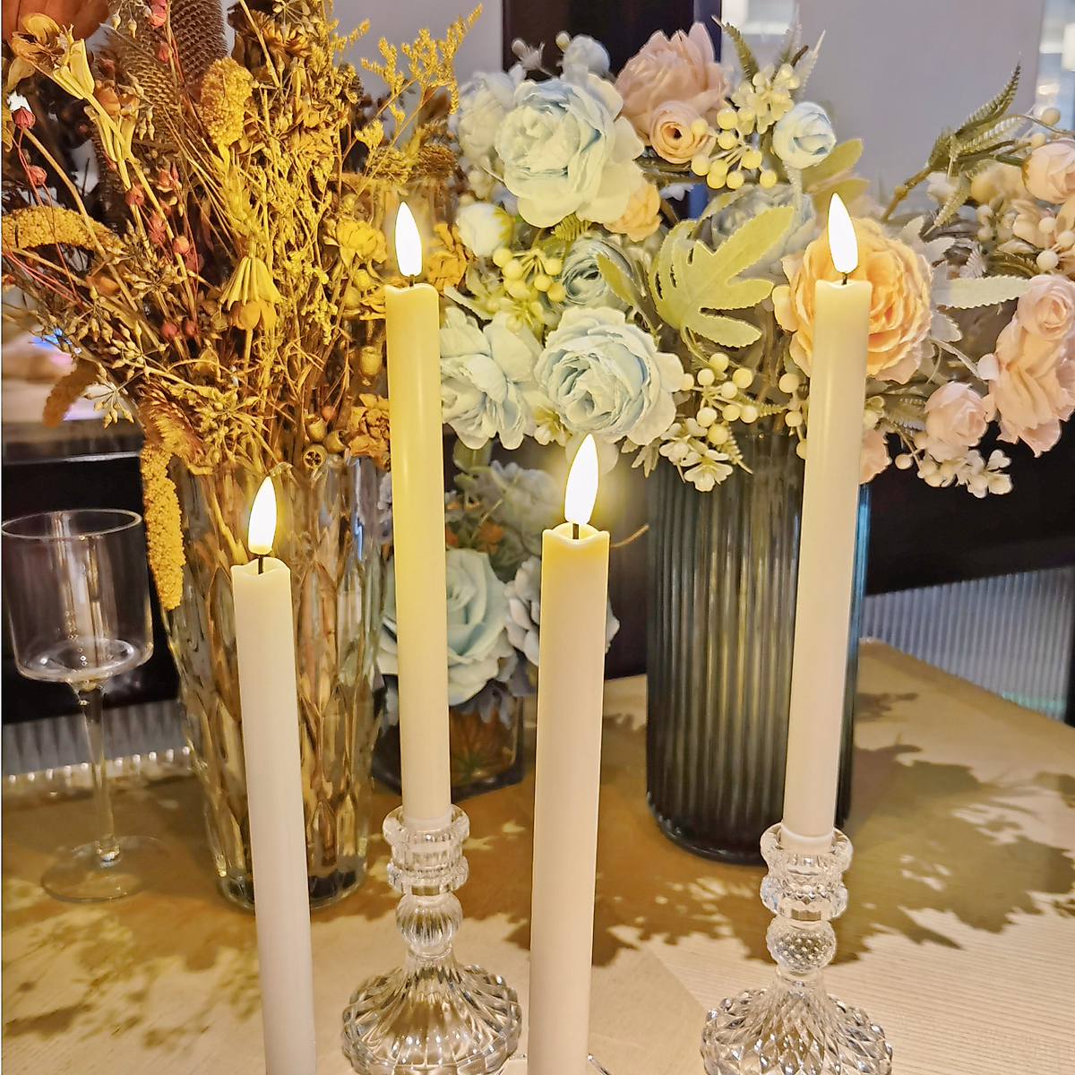 3D Black Wick Led Battery Operated Flameless Taper Candles Light with Remote Timer, Electric Fake Window Candle Flickering Like Real Wax, Flameless Ivory Candle Stick for Christmas/Home/Wedding