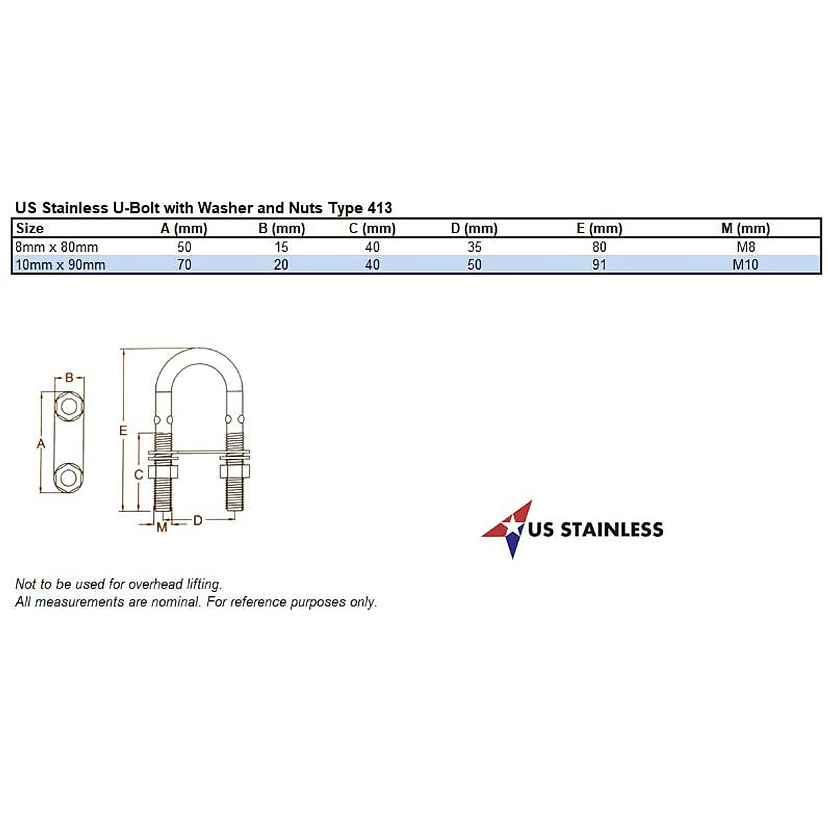 US Stainless Stainless Steel 316 UBolt M8 (5/16") by 80mm Marine Grade