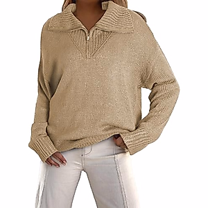 Dokotoo Oversized Quarter Zip Pullover Sweaters for Women Cute Waffle Knit Oversized Fall Winter Outfits Jumpers TopFashion V Neck Long Sleeve Warm Cozy Polo Ladies Khaki Sweater X-Large