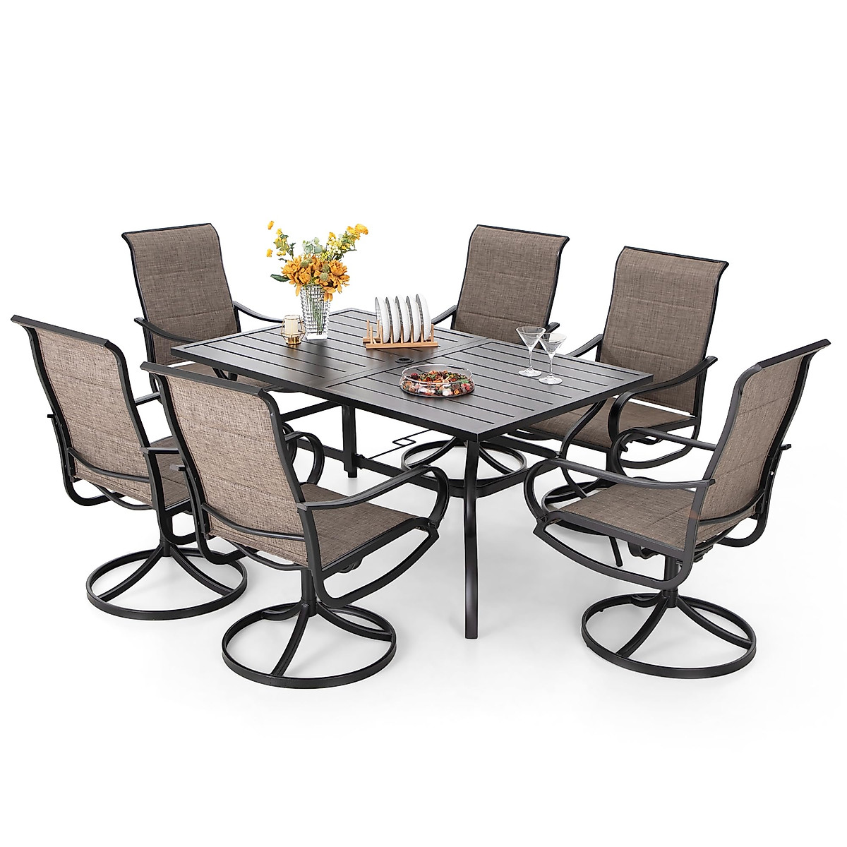 PHI VILLA 7 Piece Patio Dining Set for 6, 1 Large Metal Table and 6 Outdoor Dining Chairs with High Back and Padded Textilene, Outdoor Furniture Set for Garden, Yard