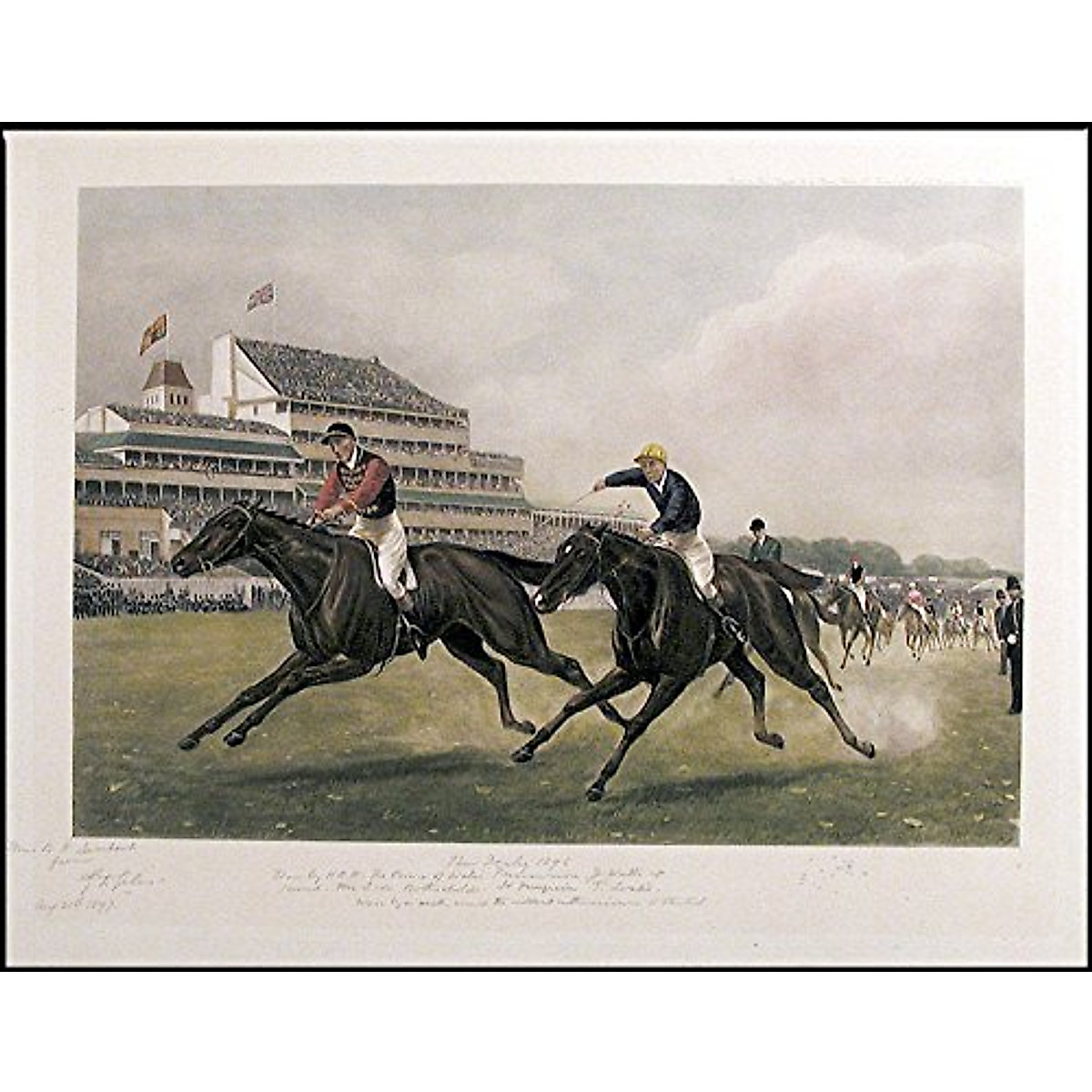 "The Derby 1896. won by H.R.H. The Prince of Wales' Persimmon. J. Watts. up. Second. Mr L. de Rothschild's St. Frusquin T. Loates. Won by a neck, amid the wildest enthusiasm. 11 started"