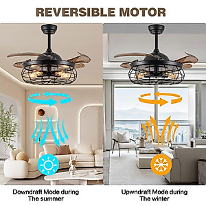 DuMaiWay 42" Industrial Retractable Ceiling Fans with Lights, Fandelier Caged Ceiling Fan with Remote Controller for Farmhouse/Living Room/Bedroom/Restaurant 5 Lights 4 Fan Blades Black