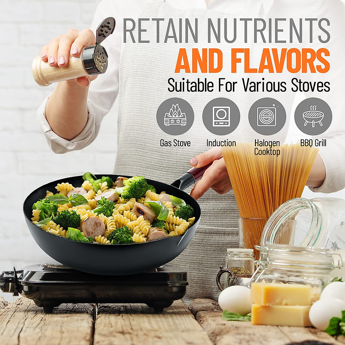 Homeries Wok Pan - 12.8" Woks and Stir Fry Pans, Carbon Steel Wok with Wooden Handle and Lid and 2 Spatulas - Non-Stick Flat Bottom Wok Frying Pan Suitable for Electric, Induction, and Gas Stoves