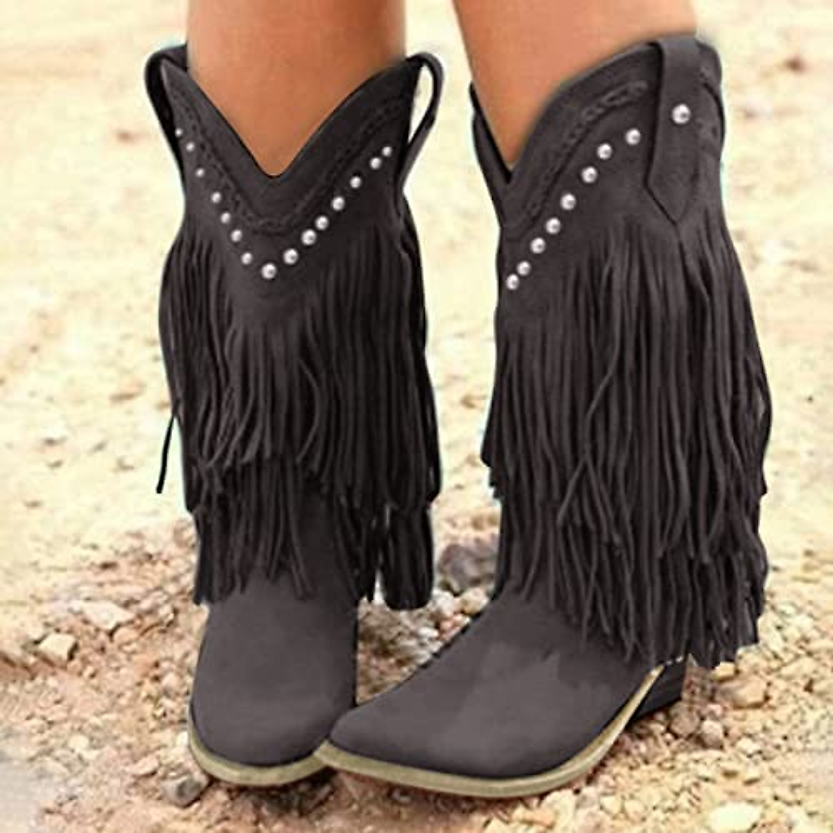 Cowgirl Booties for Women Boots Heel Retro Chunky Tassel Mid-Calf Fringe Casual White Rave Boots Chunky Block Heel Square-Toe Slip on Platform Knee High Boots