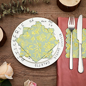 100 Pieces 2 Ply Sage Green Napkins Disposable Gold Foil Floral Paper Napkins Cocktail Napkins Scalloped Napkin for Dinner Wedding Bridal Shower Birthday Party Supplies Decoration, 5 x 5 Inch