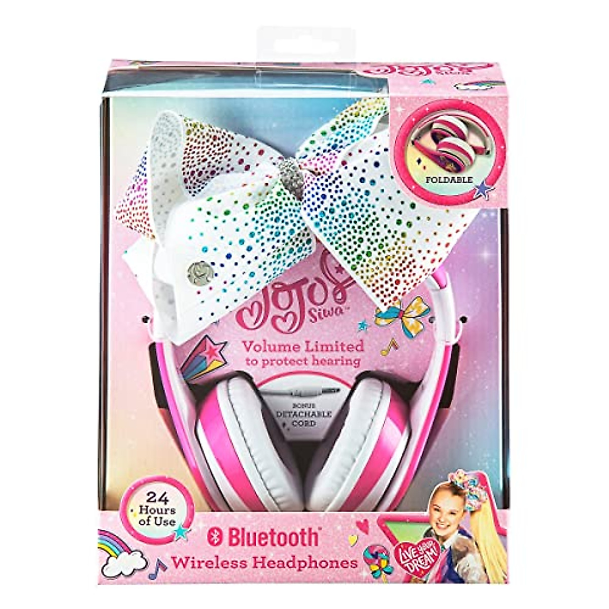 JoJo Siwa Kids Bluetooth Headphones for Wireless Rechargeable Foldable Bluetooth Headphones with Microphone Kid Friendly Sound and Bonus Detachable Cord