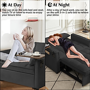 SPOWAY 3 in 1 Sleeper Sofa Couch Bed, Modern Velvet Convertible Sofa Bed with Adjustable Backrest & 2 Pillows, Hidden Side Table, Pull-Out Sofa Bed for Living Room Bedroom, Black