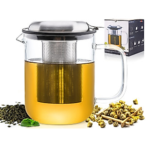 Aquach Glass Teapot Pitcher with Removable Infuser for Loose and Blooming Tea 34oz/1000ml, Dishwasher&Stovetop Safe Tea Maker Kettle Set with Stainless Steel Lid